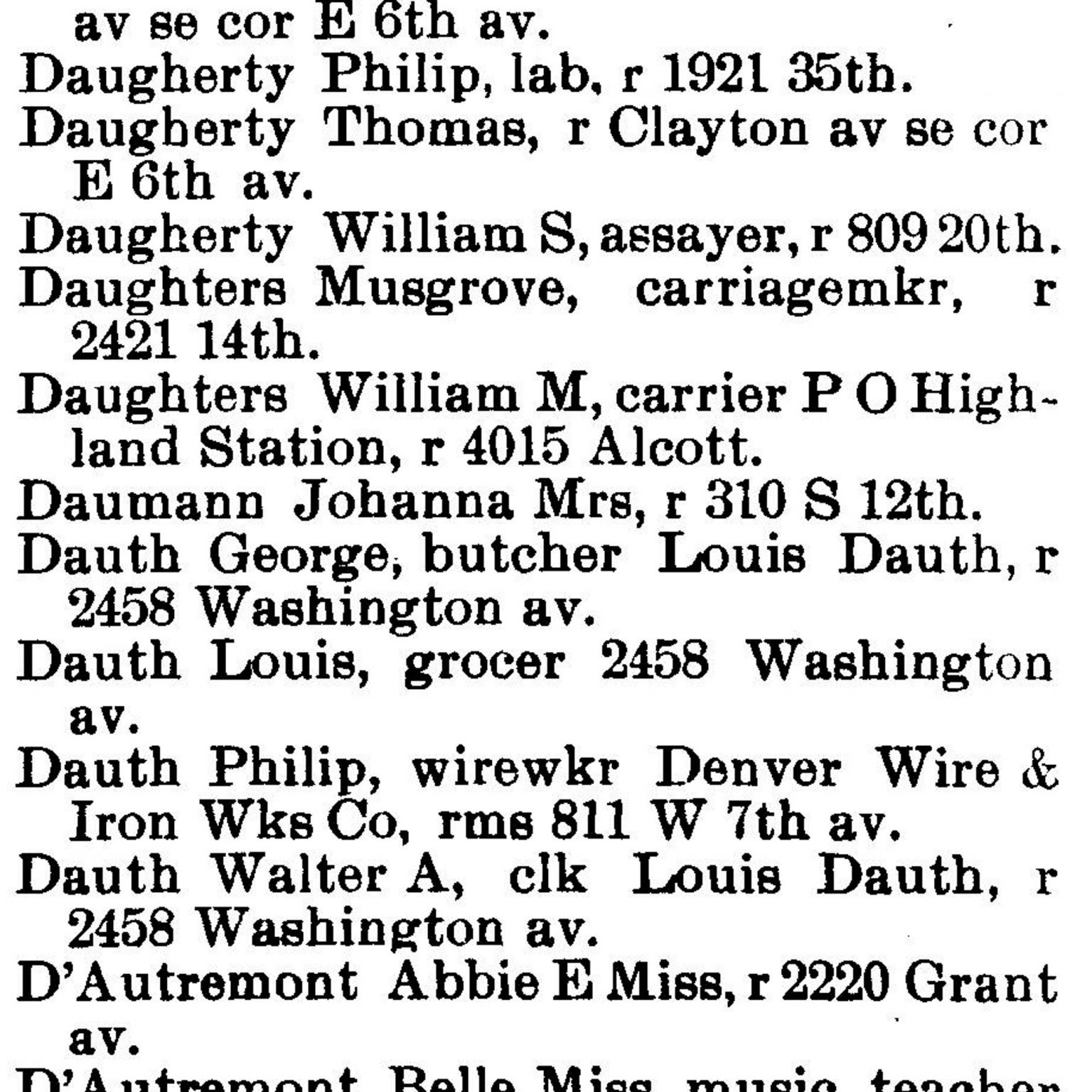 1899 - Denver Directory - Entry for George, Louis, Philip, and Walter Dauth - Dauth Family Archive
